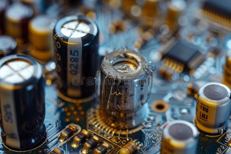 Old Dusty Electrolytic Capacitor on the Surface of the Printed Circuit ...
