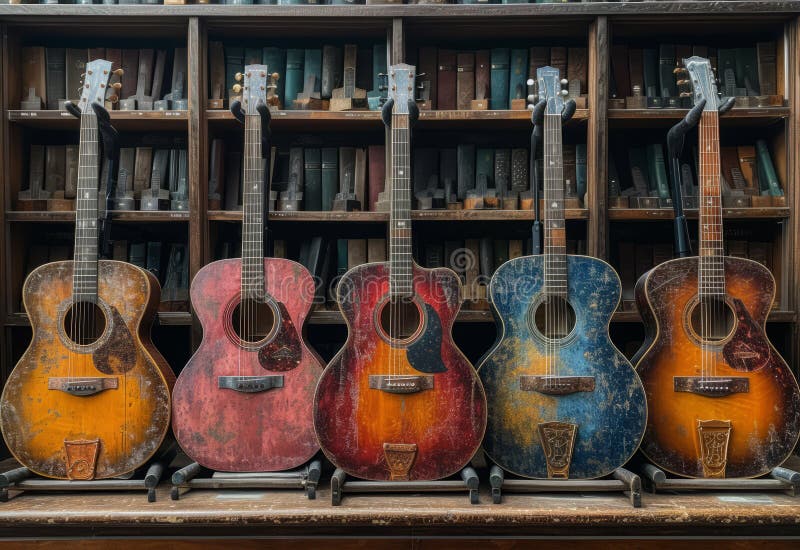 Old Dusty Guitars in Row on Shelf in Music Store Stock Image - Image of ...