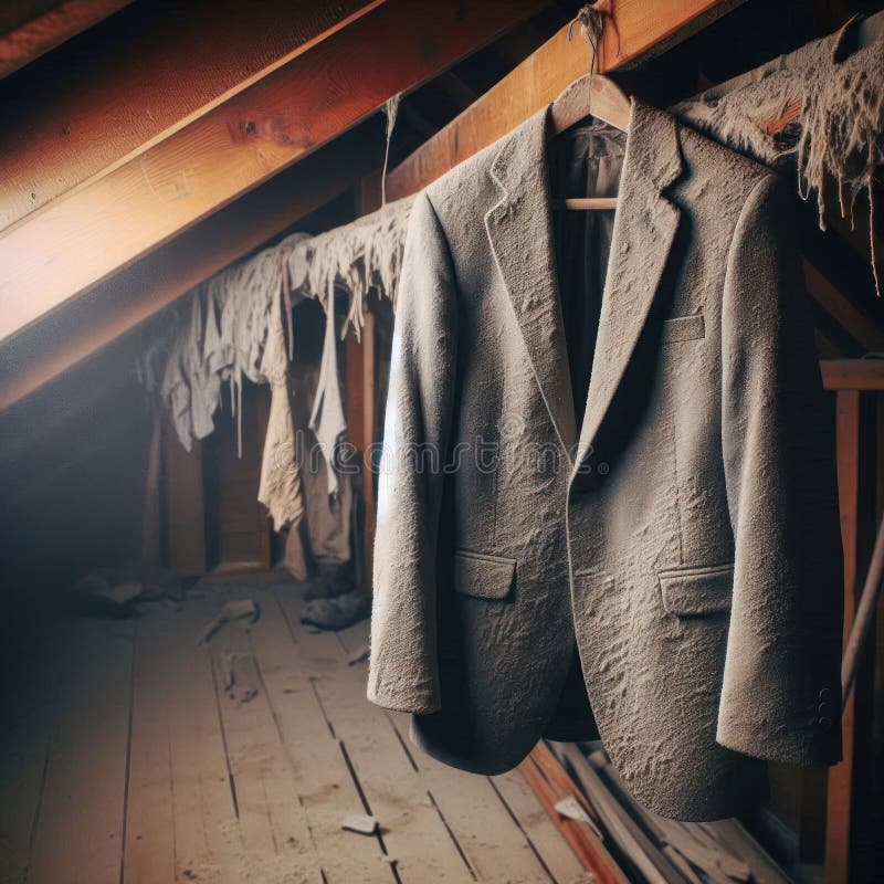An Old, Dusty Jacket Hanging in the Attic. Space for Text. Stock Photo ...