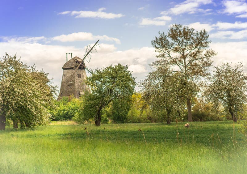 Old windmill on the field stock image. Image of wooden - 183092635