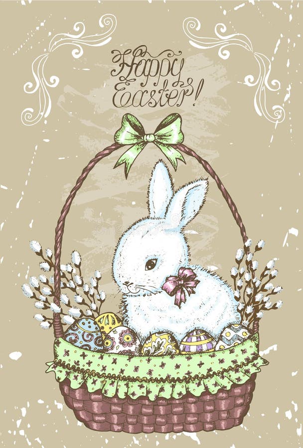 Old Easter Card with Rabbit in Basket Stock Vector - Illustration of ...