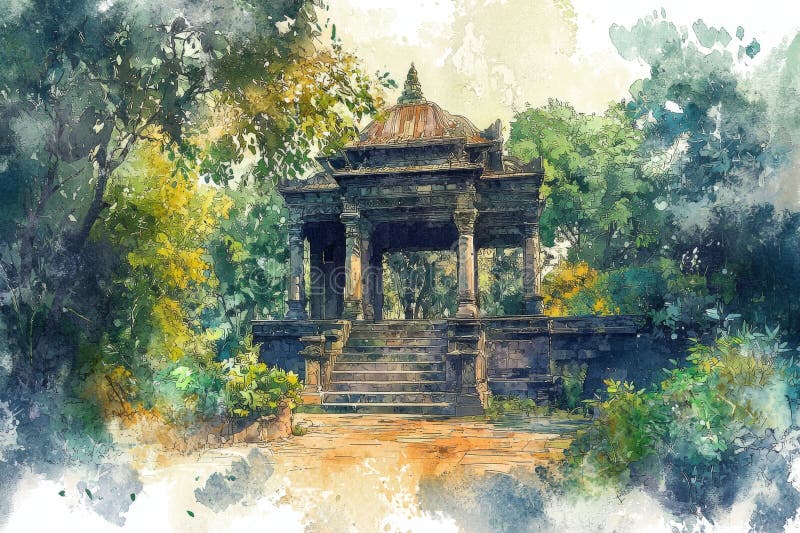 An Old Edifice with Columns and a Dome, Engulfed by Overgrown Plants ...