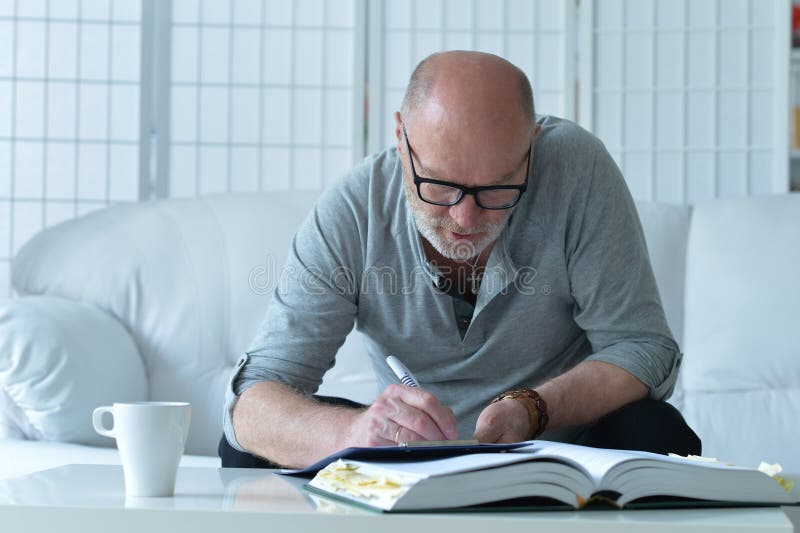 Senior Old Man with Book Working at Home Stock Photo - Image of elegant ...