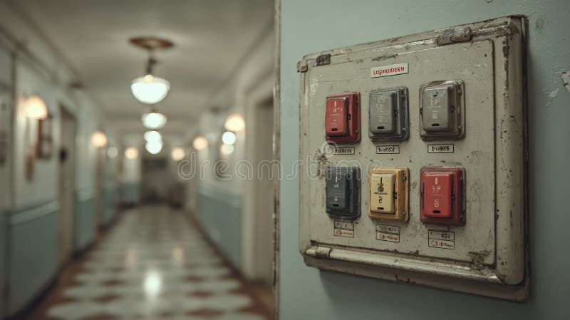 Old Electrical Control Panel in Vintage Hotel Corridor Setting Stock ...