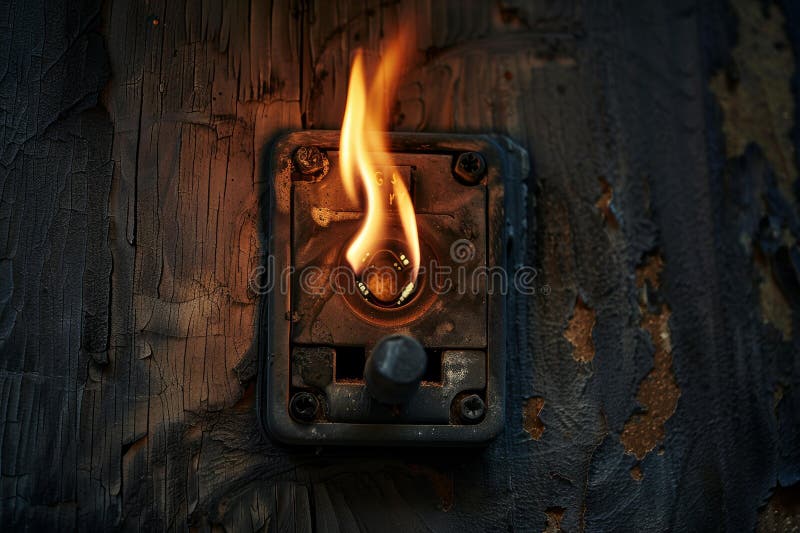 Old Electrical Outlet Burning on Damaged Wall Causing Fire Hazard Stock ...