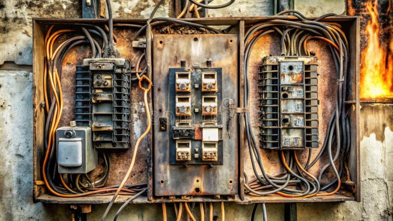 Old Electrical Panel with Burn Damage and Exposed Wiring. Generative AI ...