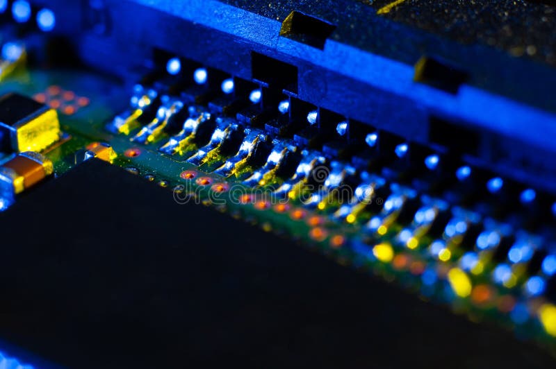 Old Electronic Circuit Board Close Up in Macro Photography, Blue and ...