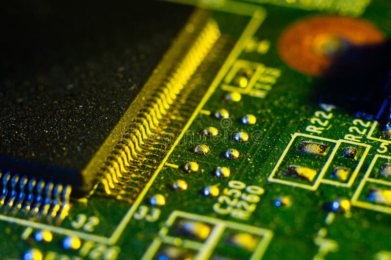Old Electronic Circuit Board Close Up in Macro Photography, Yellow ...