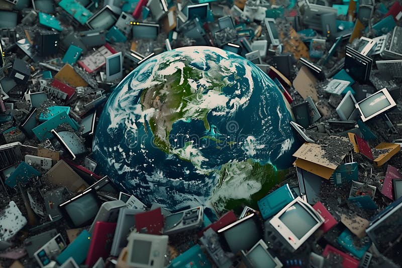 Old Electronic Devices on Around World Globe. E Waste and Recycling ...