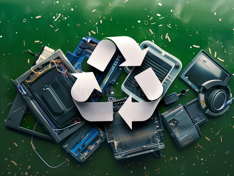 Old Electronic Devices and Recycle Logo, E Waste and Recycling Concept ...