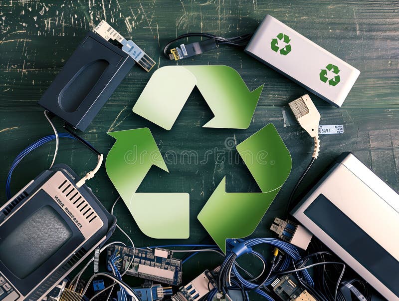 Old Electronic Devices and Recycle Logo, E Waste and Recycling Concept ...
