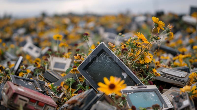 Old Electronic Devices Surrounded by Wildflowers in a Field ...