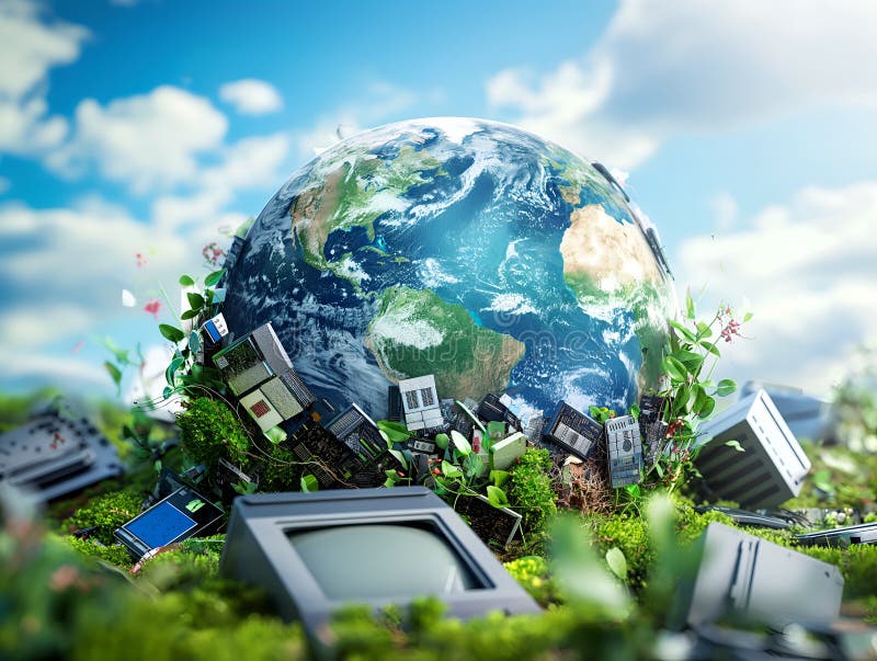 Old Electronic Devices Surrounding the World Globe. E Waste and ...