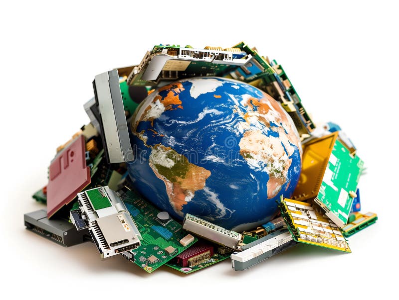 Old Electronic Devices Surrounding the World Globe. E Waste and ...