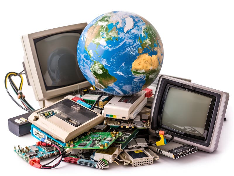 Old Electronic Devices on the World Globe. E Waste and Recycling ...