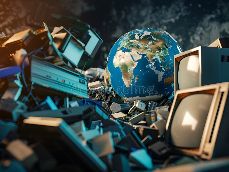 Old Electronic Devices on the World Globe. E Waste and Recycling ...