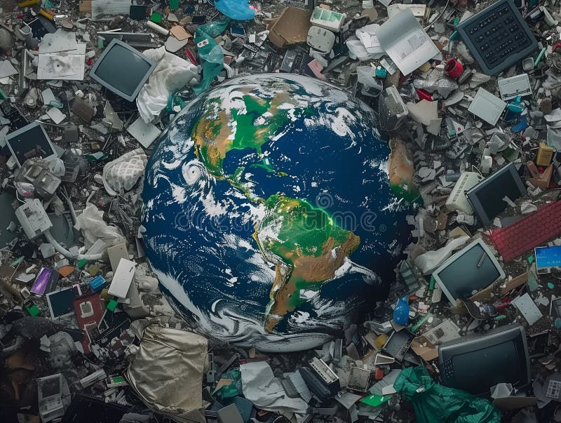 Old Electronic Devices on the World Globe. E Waste and Recycling ...