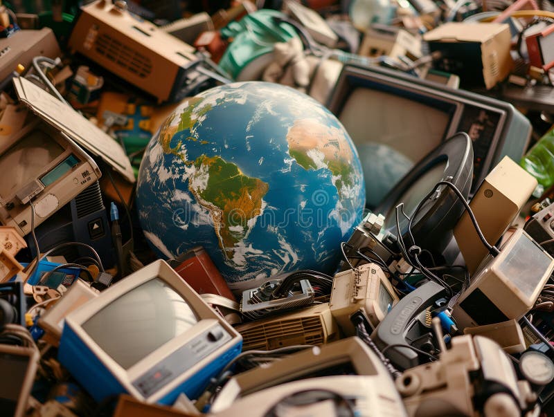 Old Electronic Devices on the World Globe. E Waste and Recycling ...