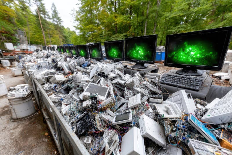 Old Electronic Equipment is Piled in a Recycling Yard Surrounded by ...