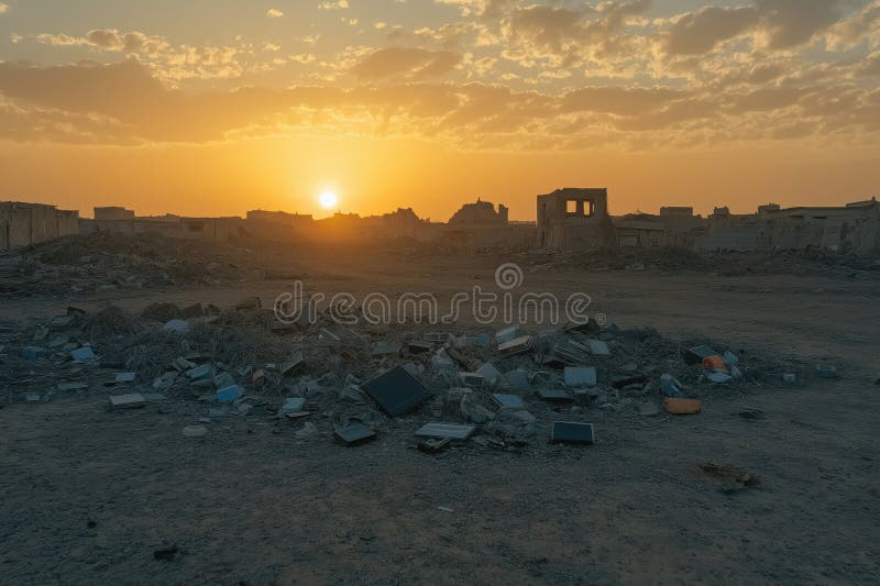 Sunset Shining on a Ghost Town Polluted with Electronics Stock ...