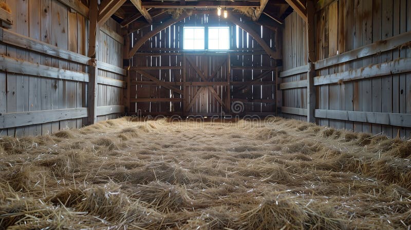 Old Empty Barn Interior with with Hay on the Floor, Sunlight Shining ...
