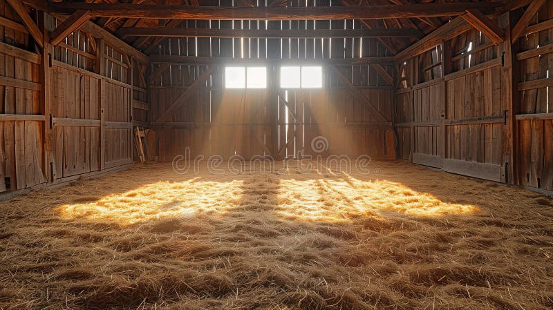 Old Empty Barn Interior with with Hay on the Floor, Sunlight Shining ...