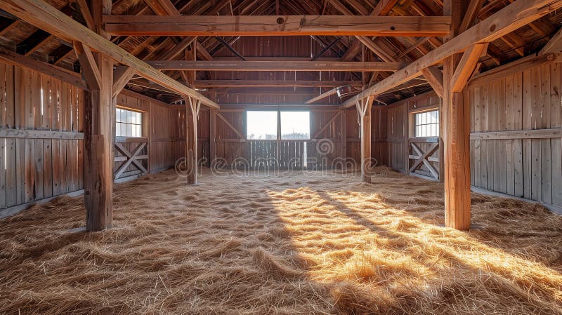 Old Empty Barn Interior with with Hay on the Floor, Sunlight Shining ...