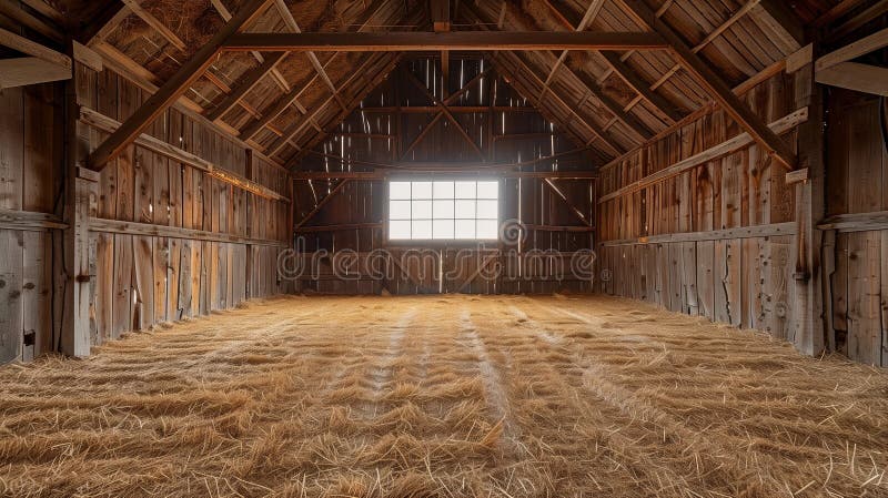 Old Empty Barn Interior with with Hay on the Floor, Sunlight Shining ...
