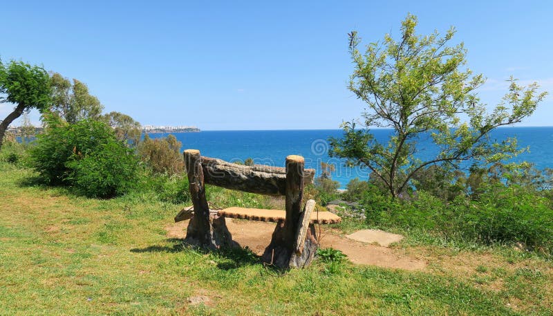 Old Empty Bench Stands in a Park at the Mediterranean Sea Coast, Turkey ...