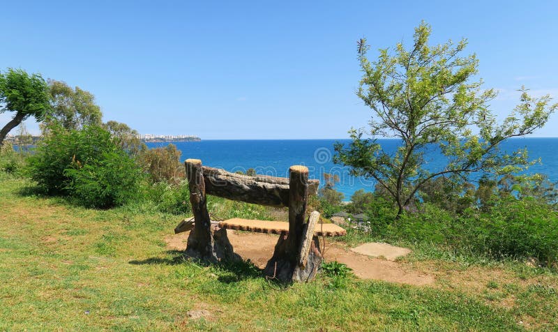 Old Empty Bench Stands in a Park at the Mediterranean Sea Coast, Turkey ...