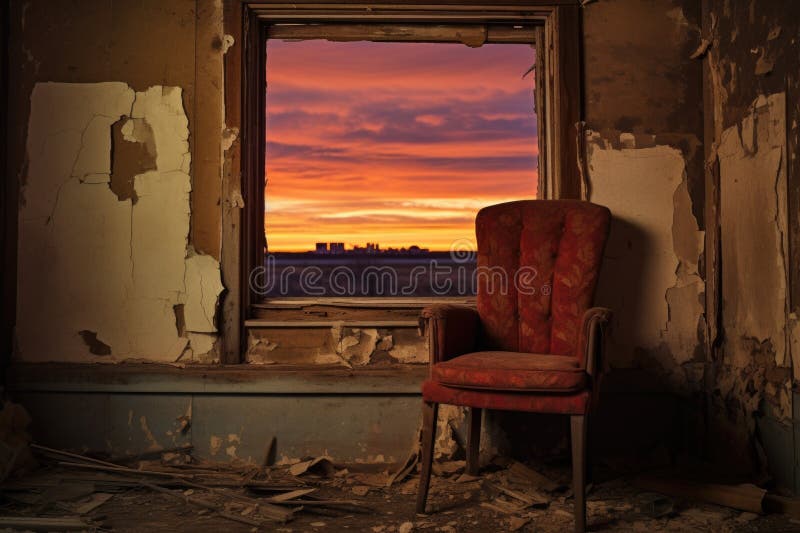 An Old, Empty Chair in an Abandoned House, Facing a Window with a ...