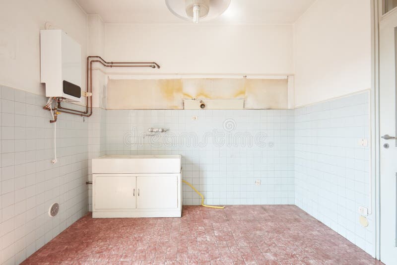 Old Empty Kitchen Room with Tiled Floor and Walls Stock Image - Image ...