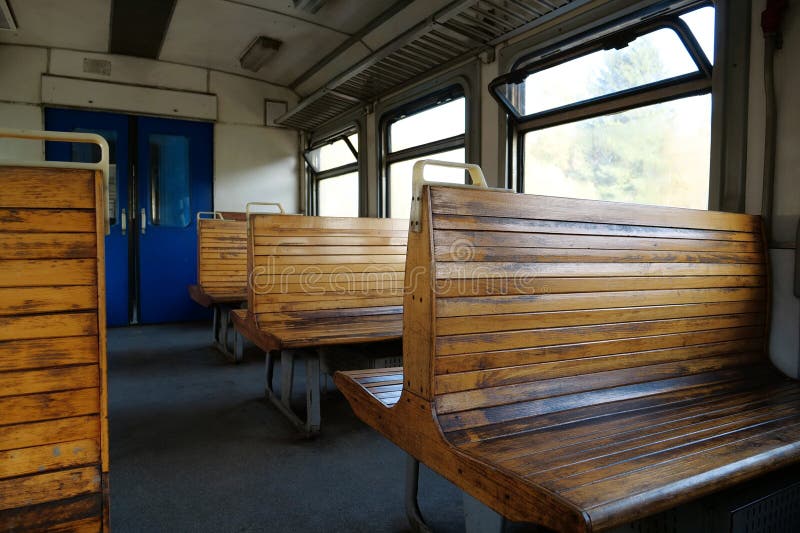 Old Empty Wagon of Train. Wooden Seats in an Empty Coach of Train Stock ...