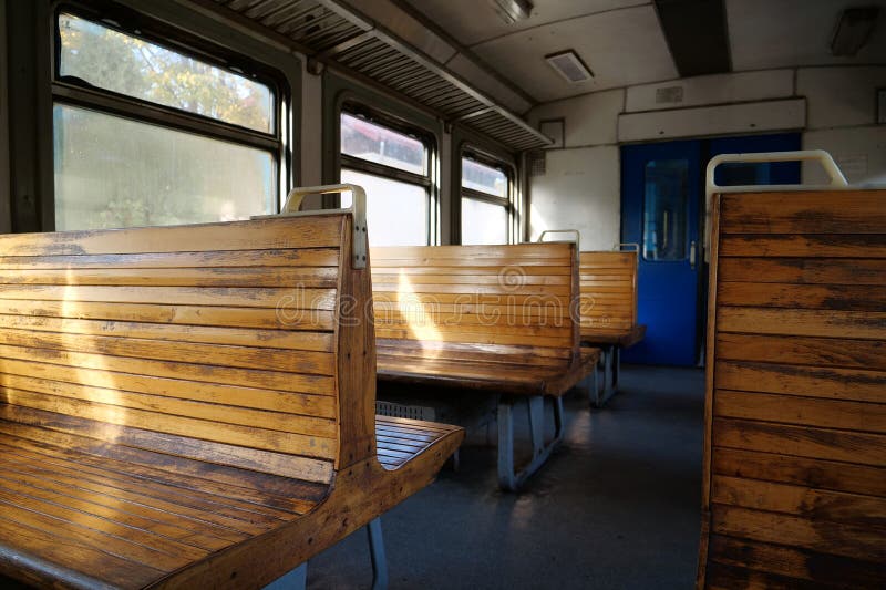Old Empty Wagon of Train. Wooden Seats in an Empty Coach of Train Stock ...
