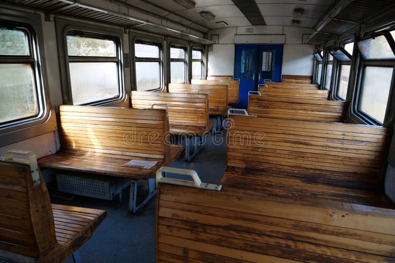 Old Empty Wagon of Train. Wooden Seats in an Empty Coach of Train Stock ...
