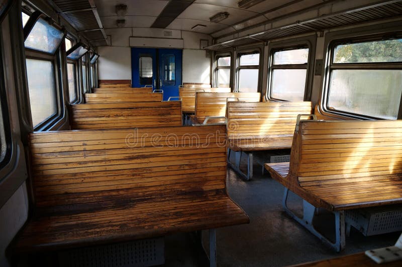 Old Empty Wagon of Train. Wooden Seats in an Empty Coach of Train Stock ...