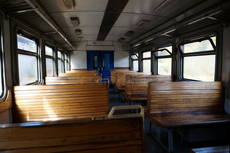 Old Empty Wagon of Train. Wooden Seats in an Empty Coach of Train Stock ...