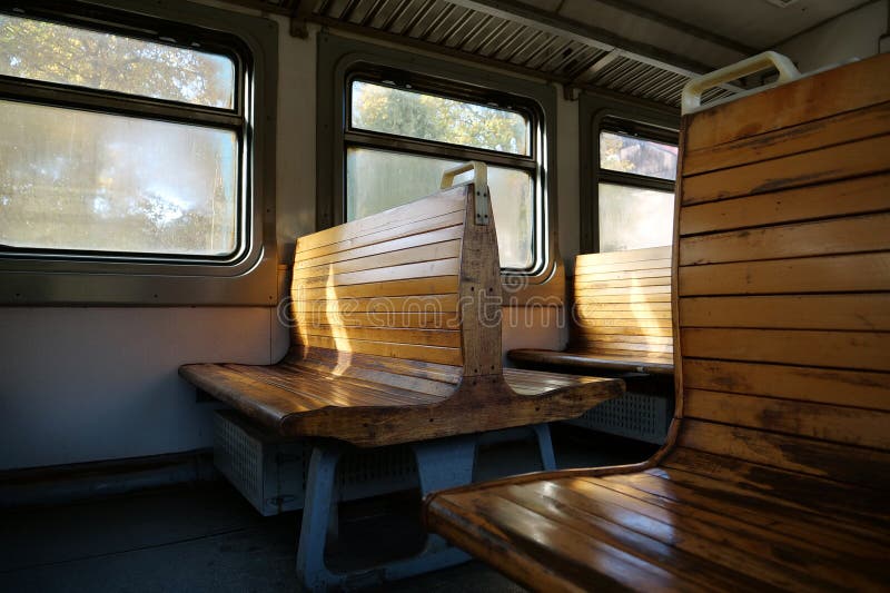 Old Empty Wagon of Train. Wooden Seats in an Empty Coach of Train Stock ...