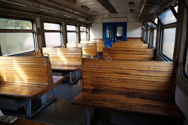 Old Empty Wagon of Train. Wooden Seats in an Empty Coach of Train Stock ...