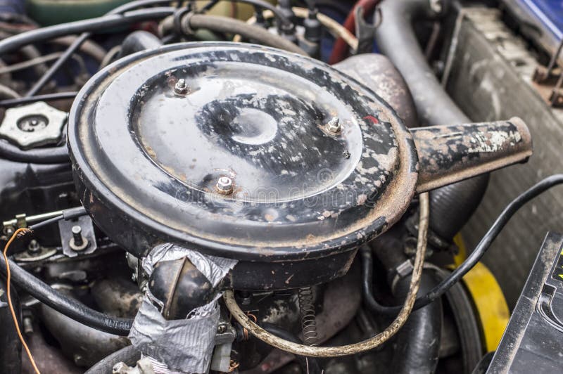 Old Engine in a Dirty Car Covered with Rust Stock Photo - Image of open ...