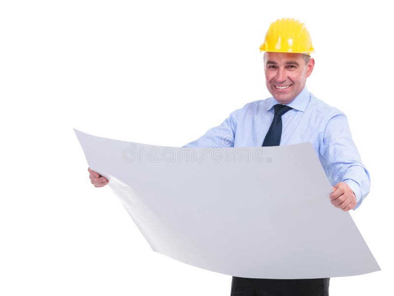 Old Engineer Holds Project and Smiles Stock Photo - Image of formal ...