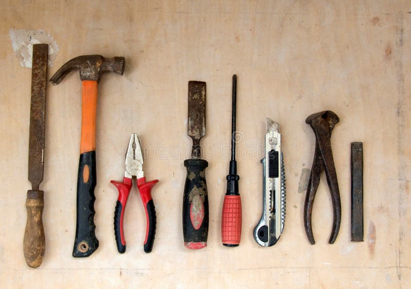 Old Equipment Tools Group Set on Grain Wood Stock Photo - Image of tool ...