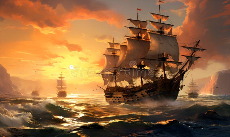 Old European Exploration Ship at the Sea, Ai Generative Stock ...