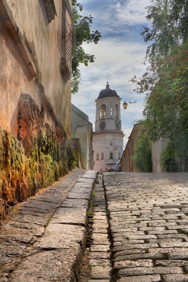 Old European Street and Clock Tower Stock Image - Image of vyborg ...