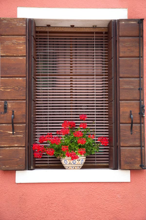 Old European Window / with Flowers and Shutters Stock Photo - Image of ...