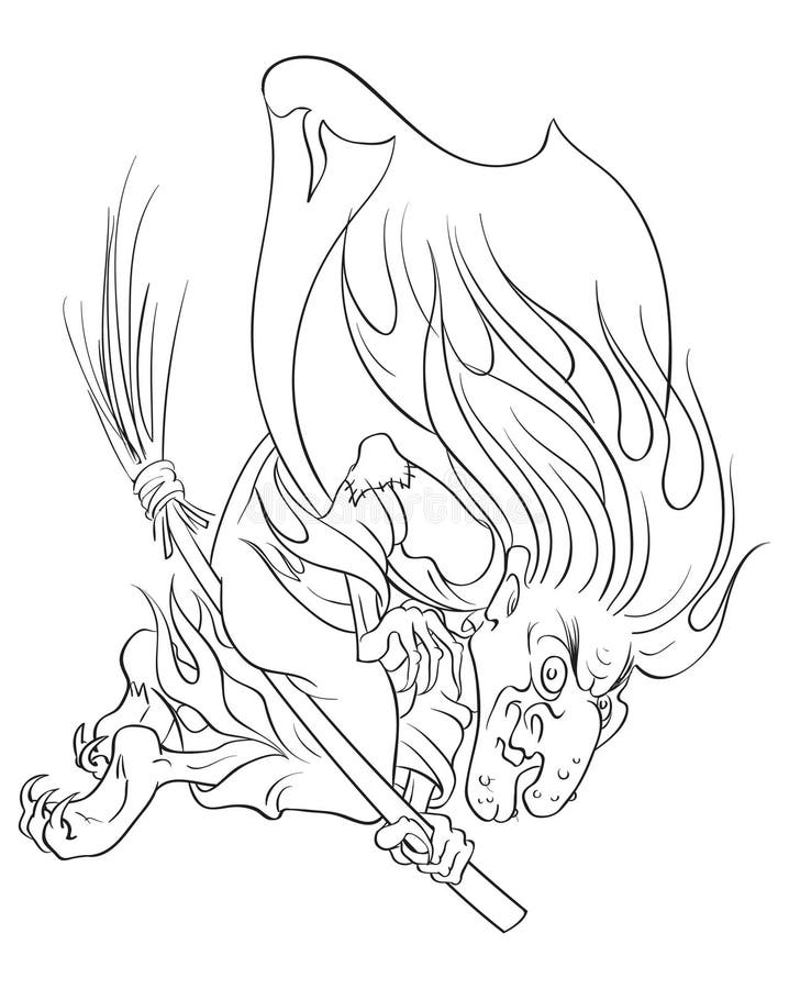 The Old Evil Witch Flying on a Broomstick Outlined Stock Vector ...