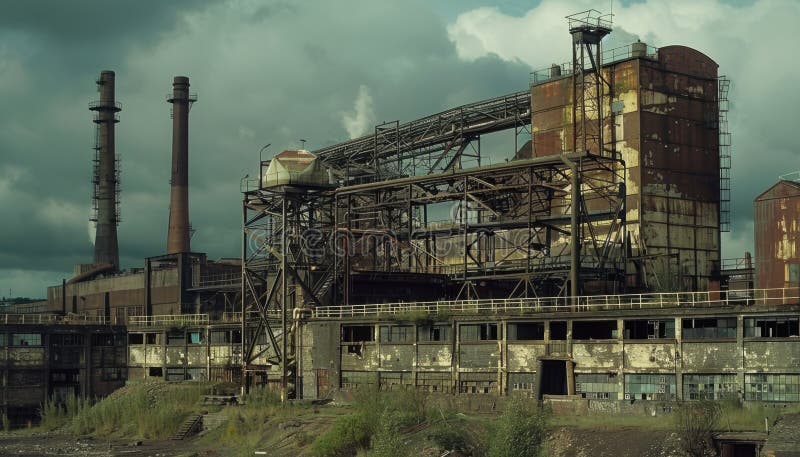Abandoned Industrial Facility with Smokestacks Under a Cloudy Sky in a ...