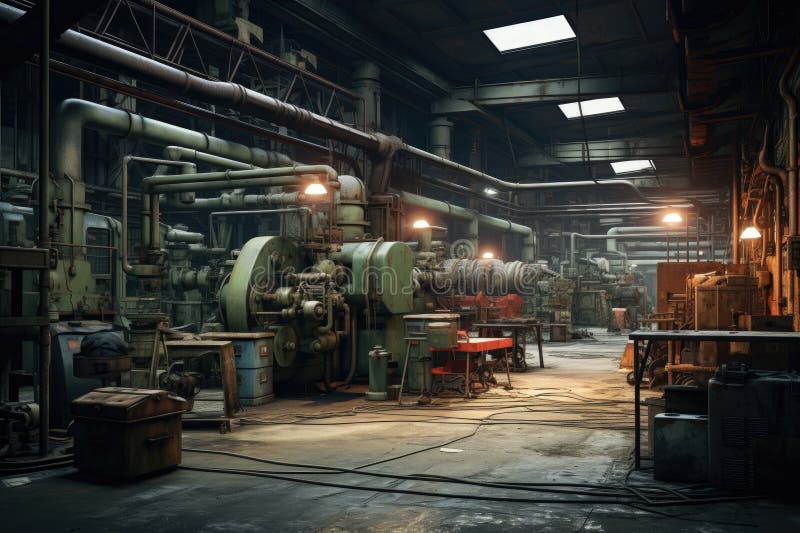 Old Factory with Rusty Machinery and Scattered Tools Stock Illustration ...