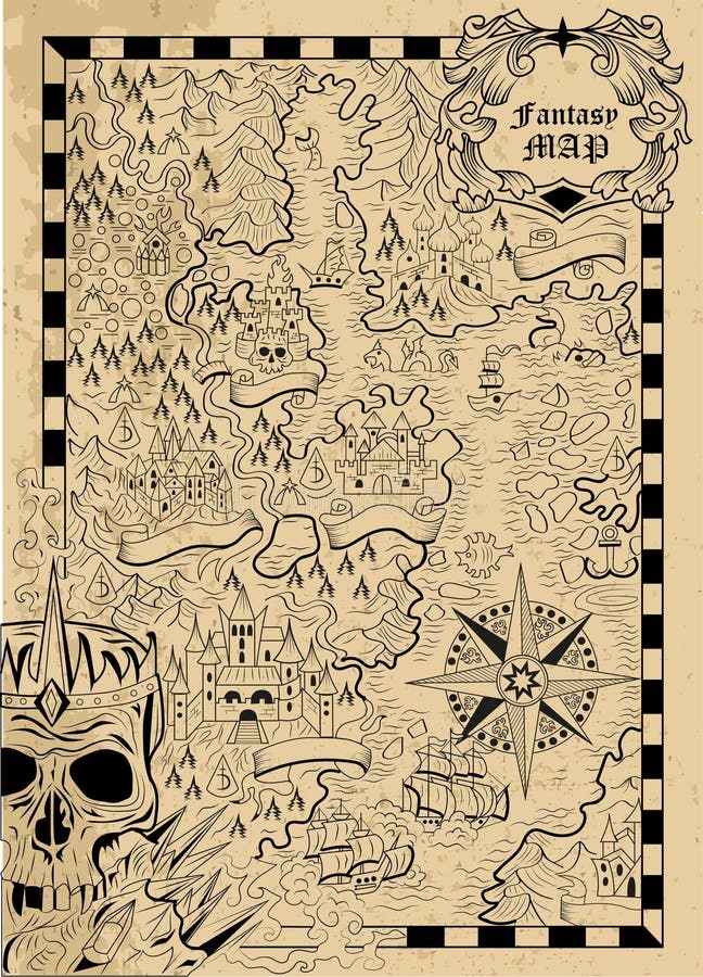 Old Fantasy Map with Unknown Land, Ships, Skull, Compass and Creatures ...