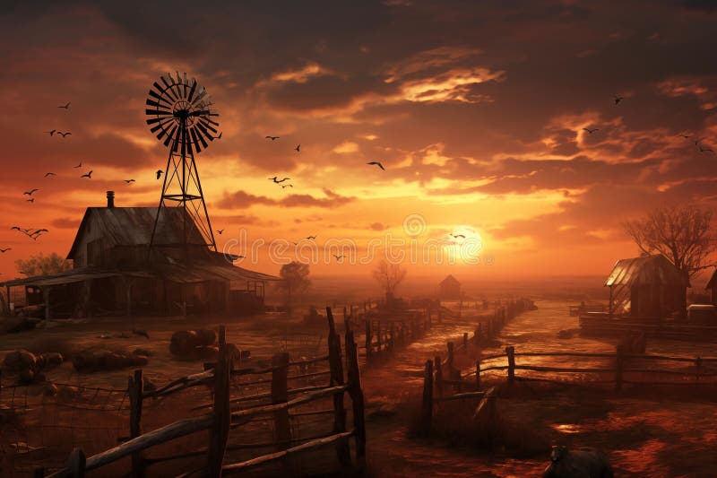 An Old Farm at Sunset Ai Photo Stock Illustration - Illustration of ...